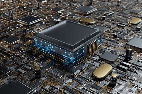 未来主义的cpu处理器蓝色光主板电路板3d渲染