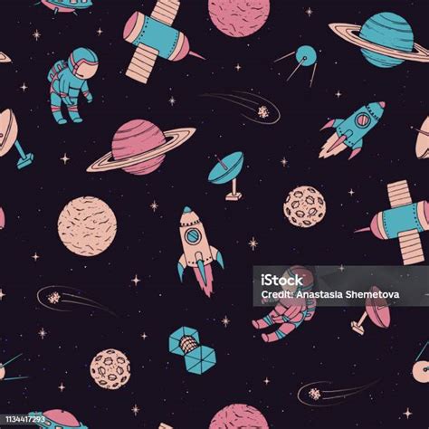 우주 비행사 위성 로켓 행성 달 스케치 스타일에서 떨어지는 별과 Ufo와 벡터 완벽 한 패턴입니다 별이 빛나는 어두운 배경에 우주의 요소 우주 여행 0명에 대한 스톡 벡터