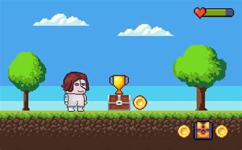 지상 잔디 나무 하늘 구름 문자 동전 보물 상자와 8비트 가로 벡터가 있는 픽셀 아트 게임 장면 프리미엄 벡터