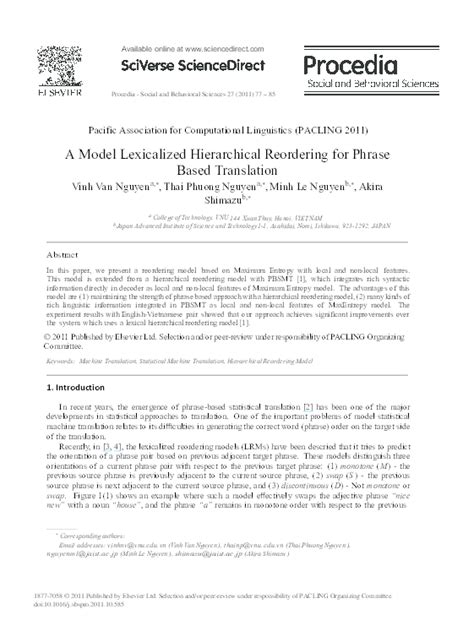 Pdf A Model Lexicalized Hierarchical Reordering For Phrase Based Translation