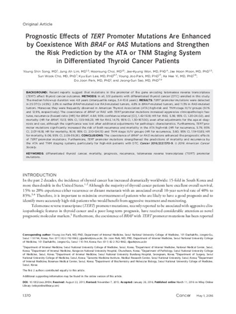 Pdf Tert Promoter Mutations Are A Major Indicator Of Poor Outcome In