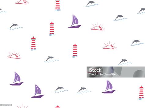 해양 선박 태양 여름 완벽 한 패턴입니다 요트 범선 보트 돌고래 귀여운 낙서 아기 요소 바다 여름 배경입니다 직물 아기 옷 손 익사 요소에 대 한 유치 한 배경 0명에 대한