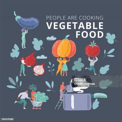 음식 야채 성분을 자르는 벡터 일러스트레이션 요리 프로시스에 작은 사람들 가지 호박 토마토 양파 당근 팬 브로콜리 마늘 흰색 배경에 남자와 여자 가지 채소에 대한 스톡 벡터