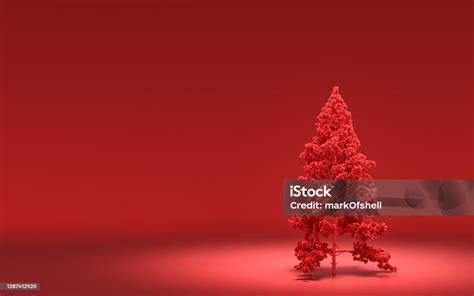 복사 공간 3d 렌더링이 있는 빨간색 배경에 단색 단색 단색 색의 장식이없는 단일 크리스마스 트리 0명에 대한 스톡 사진 및 기타 이미지 Istock