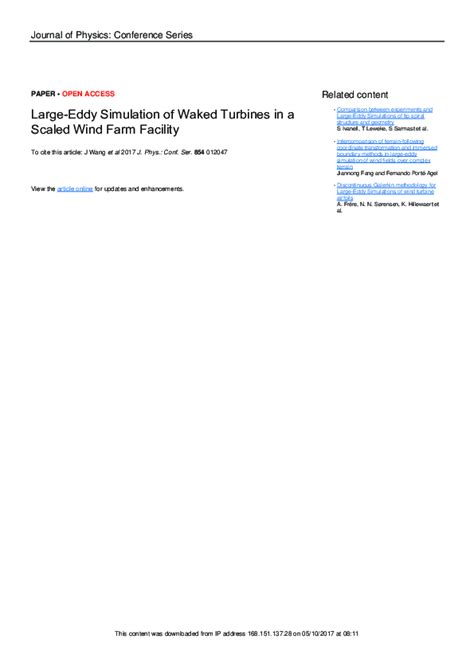 Pdf Large Eddy Simulation Of Waked Turbines In A Scaled Wind Farm Facility Filippo