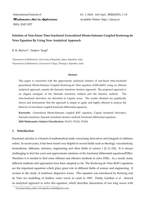 Pdf Solution Of Non Linear Time Fractional Generalized Hirota Satsuma Coupled Korteweg De