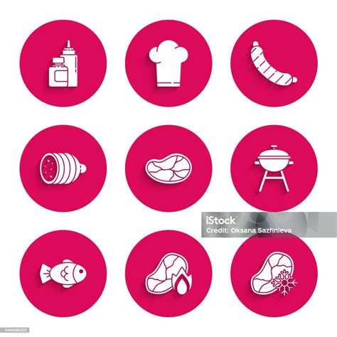 스테이크 고기 구운 스테이크 및 불 불꽃 신선한 냉동 바베큐 그릴 생선 살라미 소시지 소시지 및 소스 병 아이콘을 설정합니다 벡터 고기에 대한 스톡 벡터 아트 및 기타