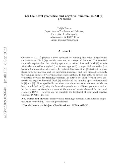Pdf On The Novel Geometric And Negative Binomial Inar 1 Processes