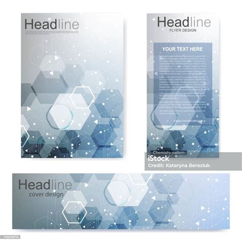 전단지 브로셔 크기 A4 템플릿 배너를 설정 합니다 연결 된 라인과 점이 있는 분자 구조 잡지 전단지 표지 포스터 디자인에 대
