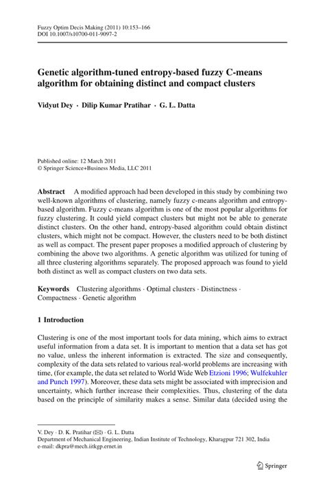pdf genetic algorithm tuned entropy based fuzzy c means algorithm for obtaining distinct and