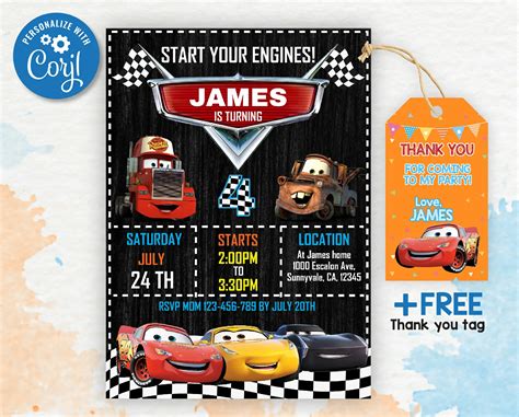 Cars Disney Invitation Lightning Mcqueen Editable Printable