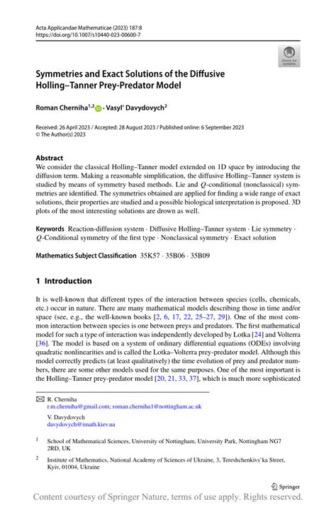 Pdf Symmetries And Exact Solutions Of The Diffusive Holling Tanner Prey Predator Model