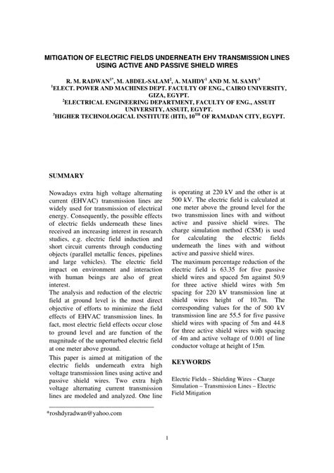 Pdf Mitigation Of Electric Fields Underneath Ehv Transmission Lines Using Active And Passive