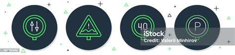 라인 고르지 않은 도로 전방 표지판 속도 제한 교통 도로 경고 양방향 및 주차 아이콘을 설정합니다 벡터 40에 대한 스톡 벡터 아트 및 기타 이미지 Istock