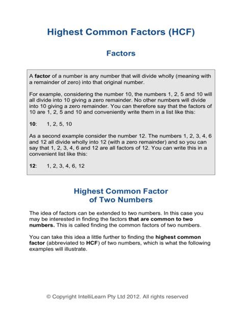 Highest Common Factors Hcf