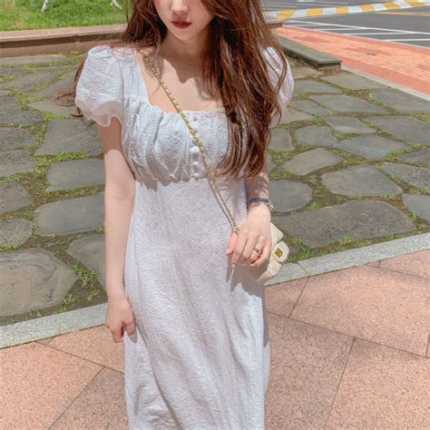 여신핏 ︎made 퍼프 셔링 백 리본 스트랩 끈 콩단추 벌룬 프릴 스퀘어넥 A라인 플레어 반팔 롱 원피스 에이블리