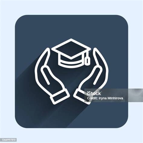 긴 그림자 배경으로 격리 된 화이트 라인 교육 보조금 아이콘 수업료 재정 교육 예산 기금 장학금 프로그램 졸업 모자 파란색 정사각형 버튼 벡터 등록금에 대한 스톡 벡터 아트