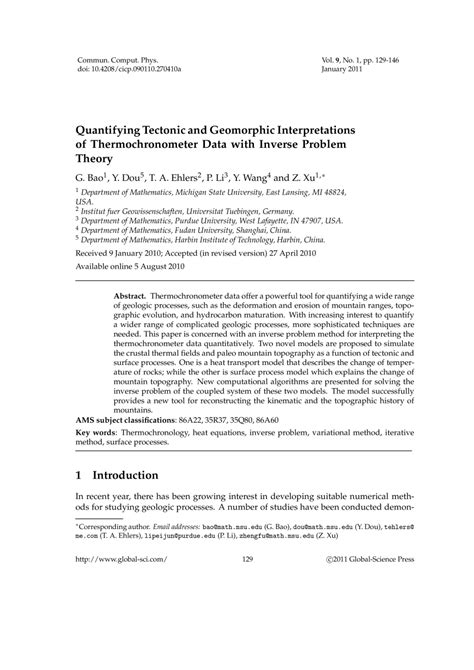 Global Science Press Quantifying Tectonic And Geomorphic Interpretations Of Thermochronometer