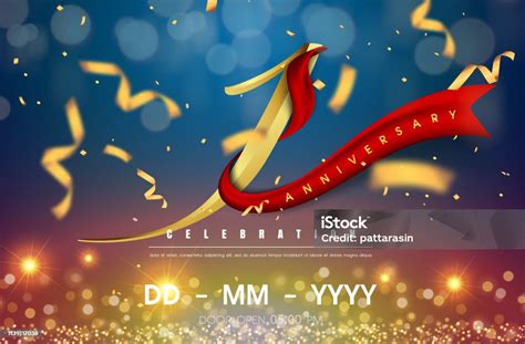 골드와 블루 배경 1 년 기념일 로고 템플릿 첫 번째 빨간색 리본 벡터와 색종이 고립 된 디자인 요소와 황금 숫자를 축 하 광고에 대한 스톡 벡터 아트 및 기타 이미지