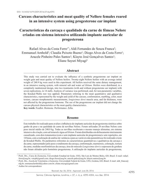 Pdf Carcass Characteristics And Meat Quality Of Nellore Females Reared In An Intensive System