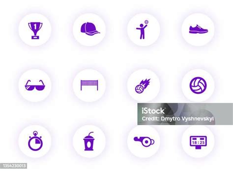 보라색 그림자가있는 밝은 둥근 버튼에 배구 보라색 색상 벡터 아이콘 웹 모바일 앱 Ui 디자인 및 인쇄를 위한 배구 아이콘 세트 보라색에 대한 스톡 벡터 아트 및 기타