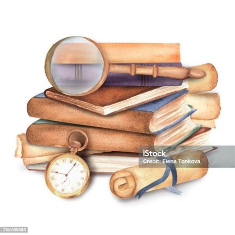 두루마리가 있는 책 더미 상단의 돋보기 회중시계 읽기 주제에 대한 클립아트 요소 도서관 서점 서점 대학 손으로 그린 수채화 그림 갈색에 대한 스톡 벡터 아트 및 기타 이미지