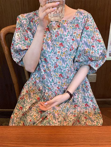로르 플라워 롱 원피스 봄 여름 반팔 퍼프 벌룬 나염 프린팅 플레어 플리츠 A라인 하객 나들이 여름휴가