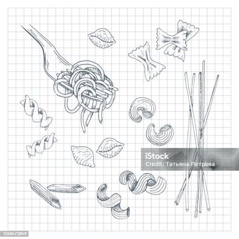 손으로 그린 파스타 세트 체크 가 배경 빈티지 벡터 일러스트에 세팅 파스타 컬렉션 파스타에 대한 스톡 벡터 아트 및 기타 이미지 파스타 일러스트레이션 나비 넥타이
