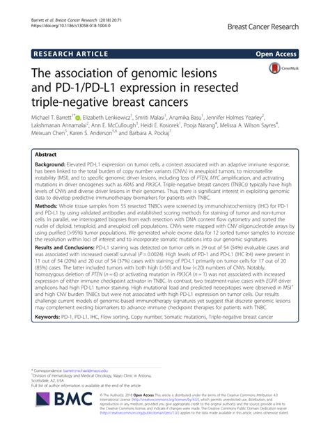 Pdf The Association Of Genomic Lesions And Pd 1 Pd L1 Expression In Resected Triple Negative
