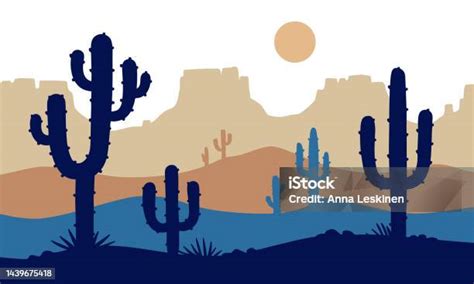 와일드 웨스트 배경 산과 선인장이 있는 대초원 풍경 서양 바위와 선인장 멕시코 텍사스 또는 아리소나 사막 자연 풍경 평면 만화 스타일의 손으로 그린 벡터 그림 서부 영화에