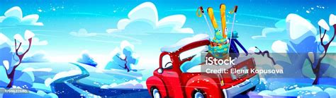 픽업 트럭에 스키를 싣고 얼어붙은 불독이 시골의 겨울 풍경을 배경으로 휴가를 떠나는 겨울 캠프에 간다 만화 스타일의 크리에이 티브 벡터 일러스트 레이 션 개에 대한 스톡