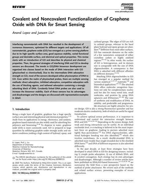 Pdf Covalent And Noncovalent Functionalization Of Graphene Oxide With Dna For Smart Sensing