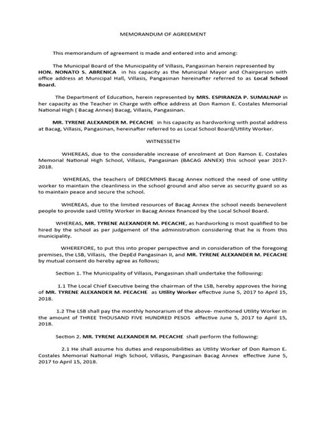 Memorandum Of Agreement Pdf