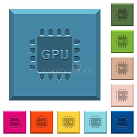 graphics processing unit engraved icons on edged square buttons stock