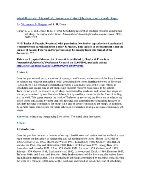 Pdf Scheduling Research In Multiple Resource Constrained Job Shops A Review And Critique