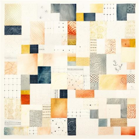 Abstract Ink Wash Drawing With Yellow Orange And Blue Squares Premium