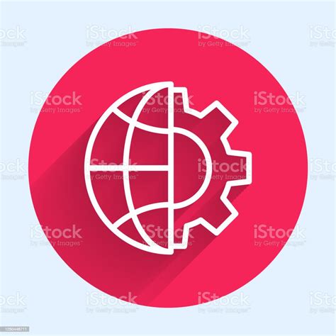 긴 그림자로 고립 된 지구의 화이트 라인 글로브와 기어 또는 코그 아이콘 매개 변수 설정 글로벌 옵션 빨간색 원 버튼입니다 벡터 일러스트레이션 글로벌 비즈니스에 대한 스톡
