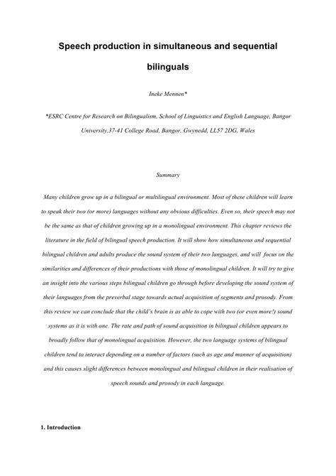 Pdf Speech Production In Simultaneous And Sequential Bilinguals
