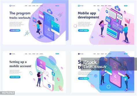 아이소메트릭 방문 페이지 개념 모바일 애플리케이션 테스트 모바일 애플리케이션 개발 및 설정 설정 웹 사이트 및 모바일 앱 개발용 개발에 대한 스톡 벡터 아트 및 기타 이미지