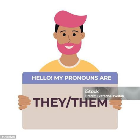 분홍색 머리 논바이너리 사람 대명사와 함께 기호를 들고 그들 플랫 스타일 벡터 일러스트 레이 션 넌 바이너리 젠더에 대한 스톡 벡터 아트 및 기타 이미지 Istock
