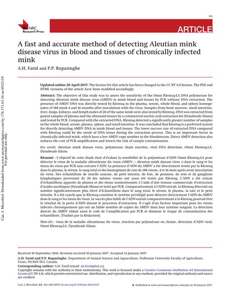 Pdf A Fast And Accurate Method Of Detecting Aleutian Mink Disease