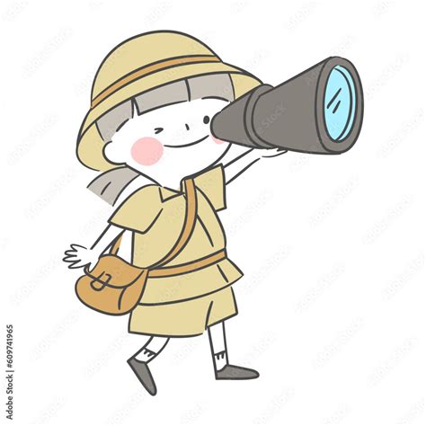 Стоковое векторное изображение 망원경을 보고 있는 탐험가 캐릭터 일러스트 Adobe Stock