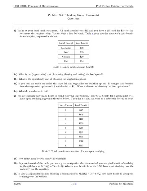 ECO Problem Set Questions Thinking Like An Economist ECO H Principles Of