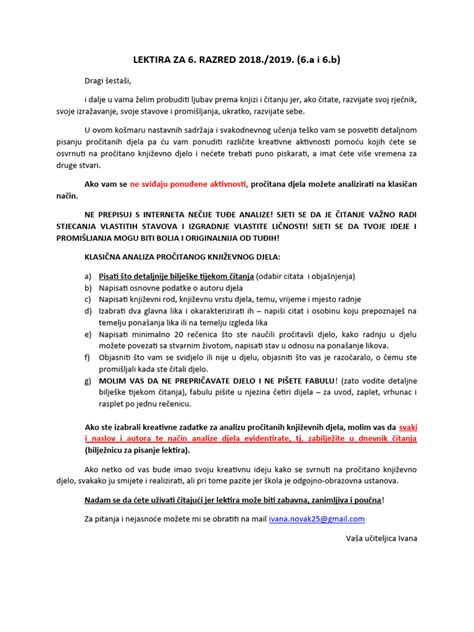 Lektira Za 6 Razred 2018 2019 Pdf