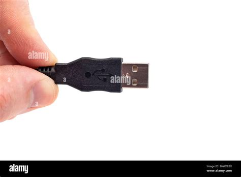 The Man S Hands Hold The USB Cable To Connect To The Adapter USB Cable On White Background