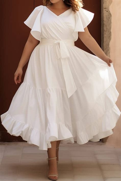Xpluswear Design Plus Size Wedding Guest White Wrap Neck Flutter Sleeve