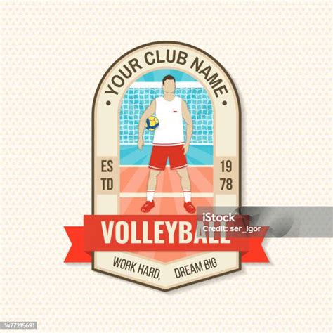 배구 클럽 배지 디자인 벡터 그림입니다 대학 리그 스포츠 클럽 엠블럼 사인 로고 빈티지 흑백 라벨 스티커 배구 공 패치 선수 및 그물 실루엣 Championship에 대한