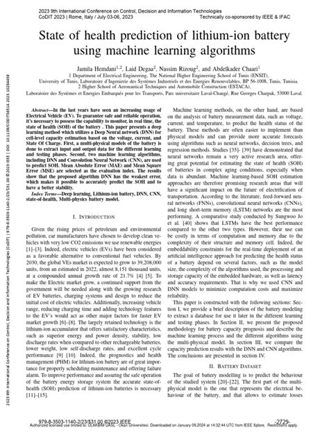 State Of Health Prediction Of Lithium Ion Battery Using Machine Learning Algorithms Pdf Deep