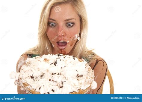 Woman Holding Pie By Face Messy Stock Image Image Of Expressions