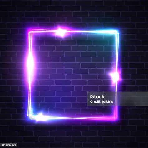 네온 배경입니다 빛나는 빛을 가진 사각 프레임 벽돌 벽 배경에 전기 밝은 3d 사각형 배너 디자인 네온 색상 플레어 반짝임과 추상 기호입니다 포도 수확 벡터 일러스트